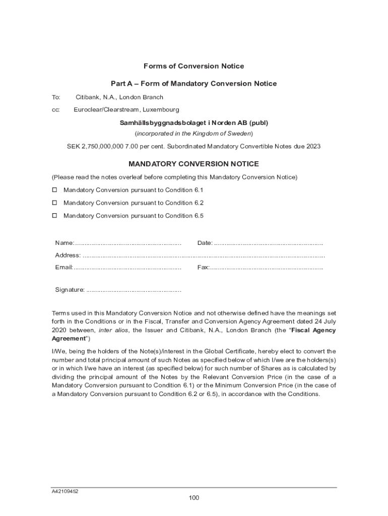 Fillable Online Forms of Conversion Notice Part AForm of Mandatory ...