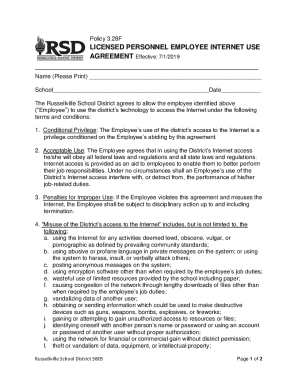 Fillable Online 28F Licensed Personnel Employee Internet Use Agreement ...