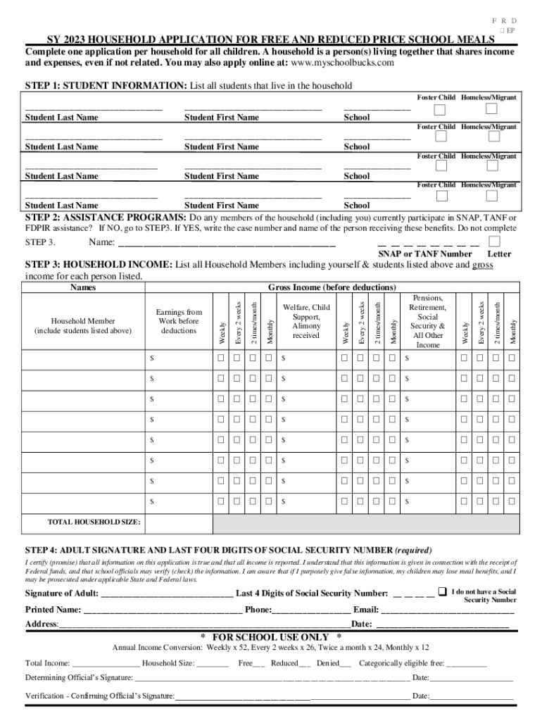 Fillable Online sy 2023 household application for free and reduced ...
