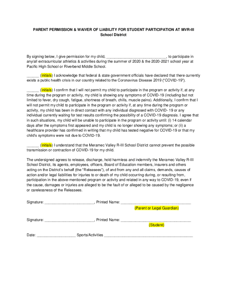 Fillable Online parent permission & waiver of liability for student ...