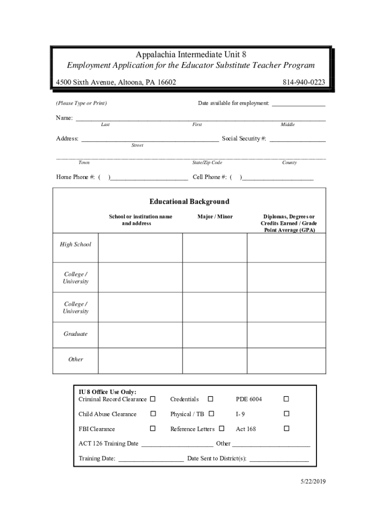 Fillable Online Appalachia Intermediate Unit 8 Employment Application for ... Fax Email Print ...