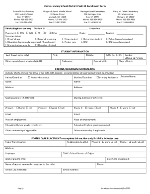 Fillable Online Central Valley School District PreK-12 Enrollment Form ...