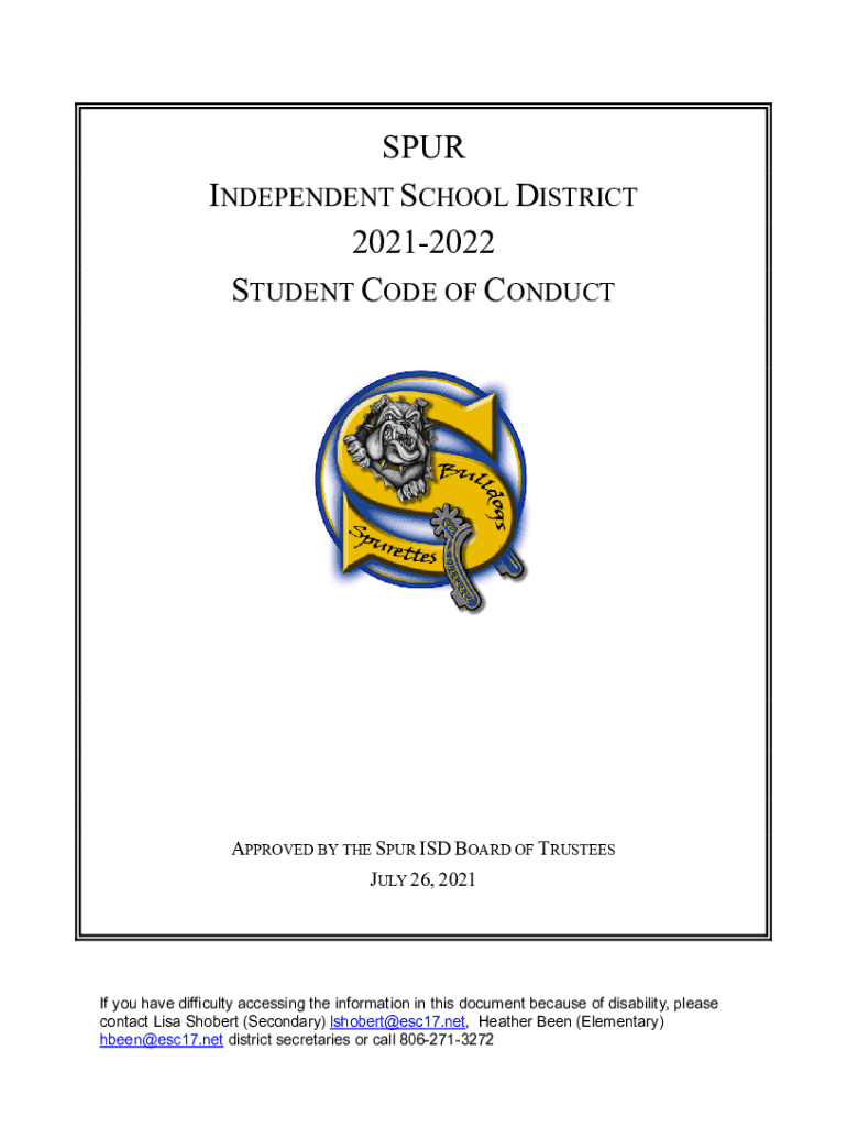 Fillable Online spur independent school district 2021-2022 student code ...
