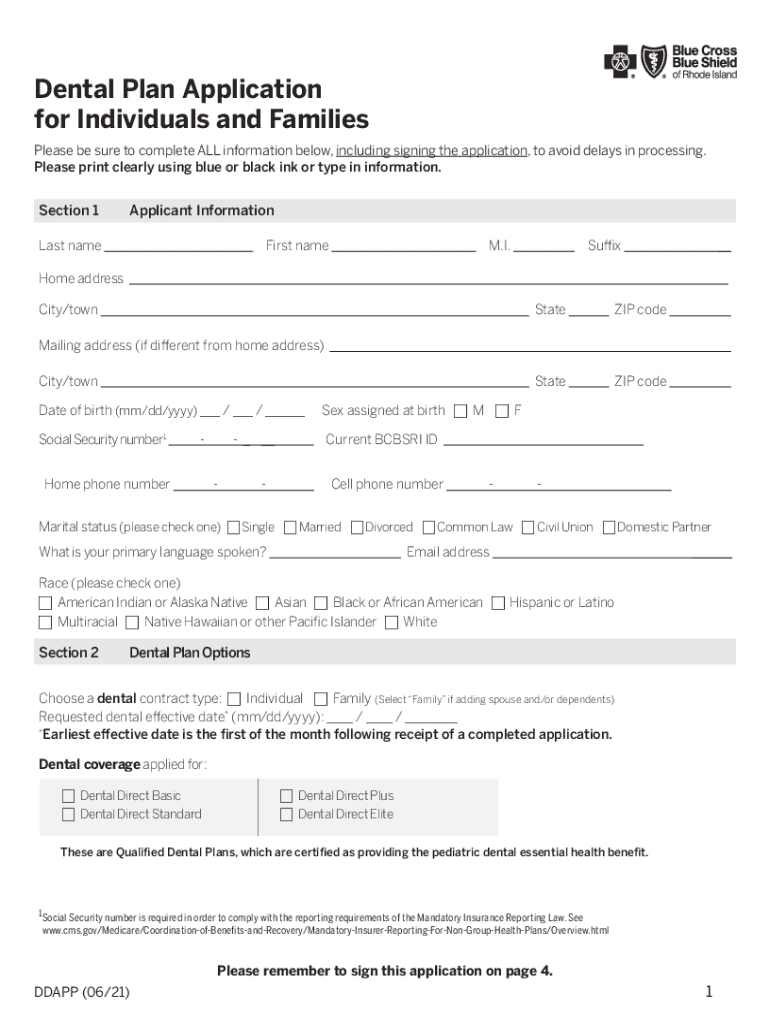 Fillable Online Dental Plan Application for Individuals and Families ...