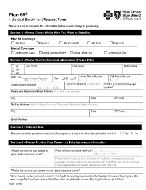 Fillable Online Plan 65 Individual Enrollment Request Form - BCBSRI Fax ...