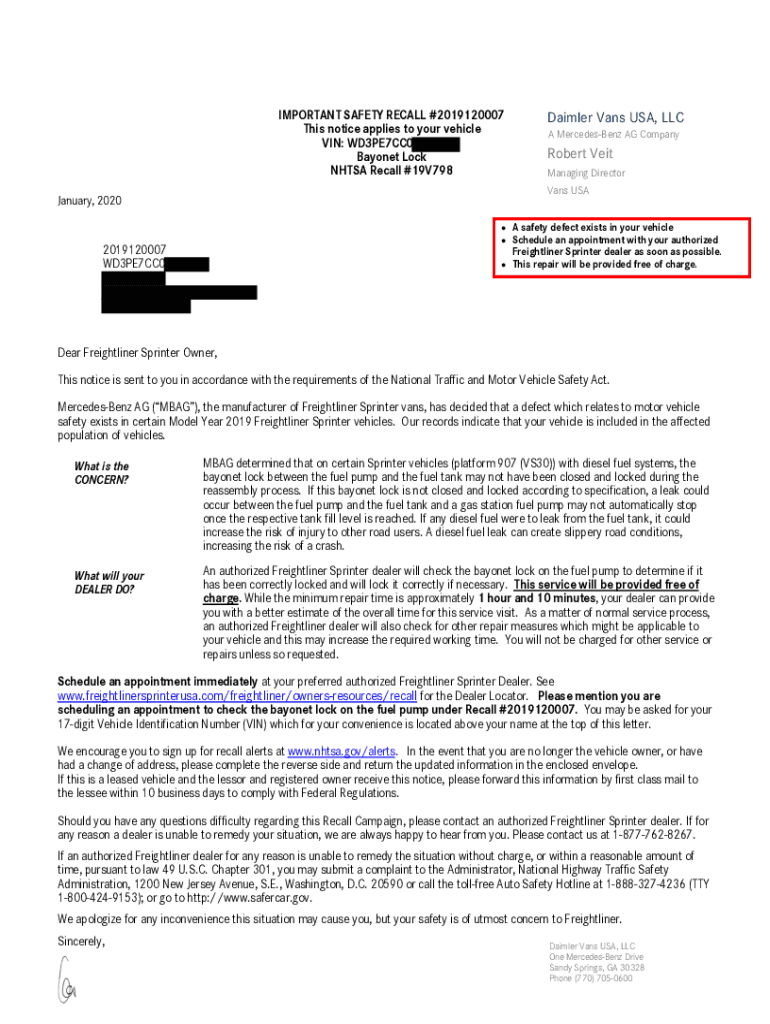 Fillable Online IMPORTANT SAFETY RECALL This notice applies to your ...