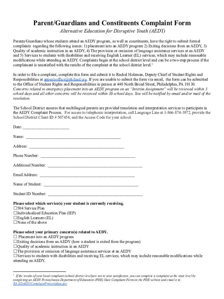 Fillable Online Parent/Guardians and Constituents Complaint Form Fax ...