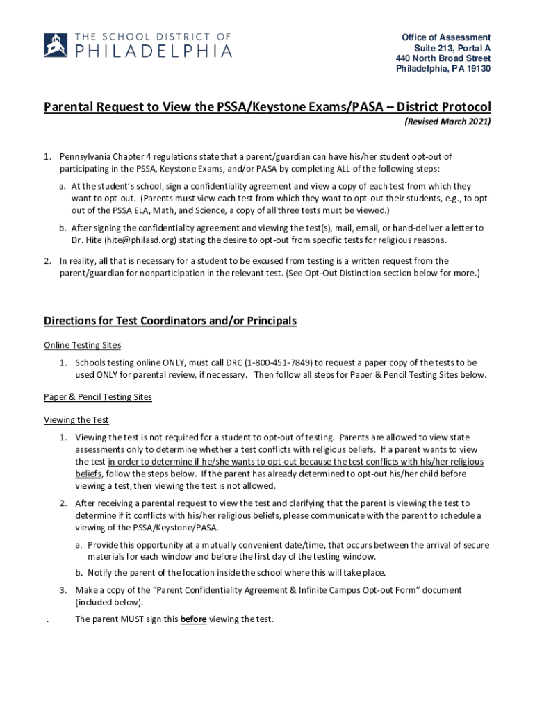 Fillable Online Parental Request to View the PSSA/Keystone Exams/PASA ...