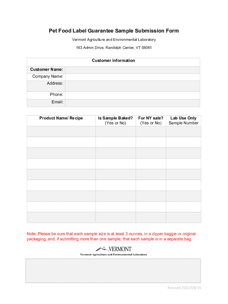 Fillable Online Pet Food Label Guarantee Sample Submission Form - agriculture.vermont.gov Fax ...