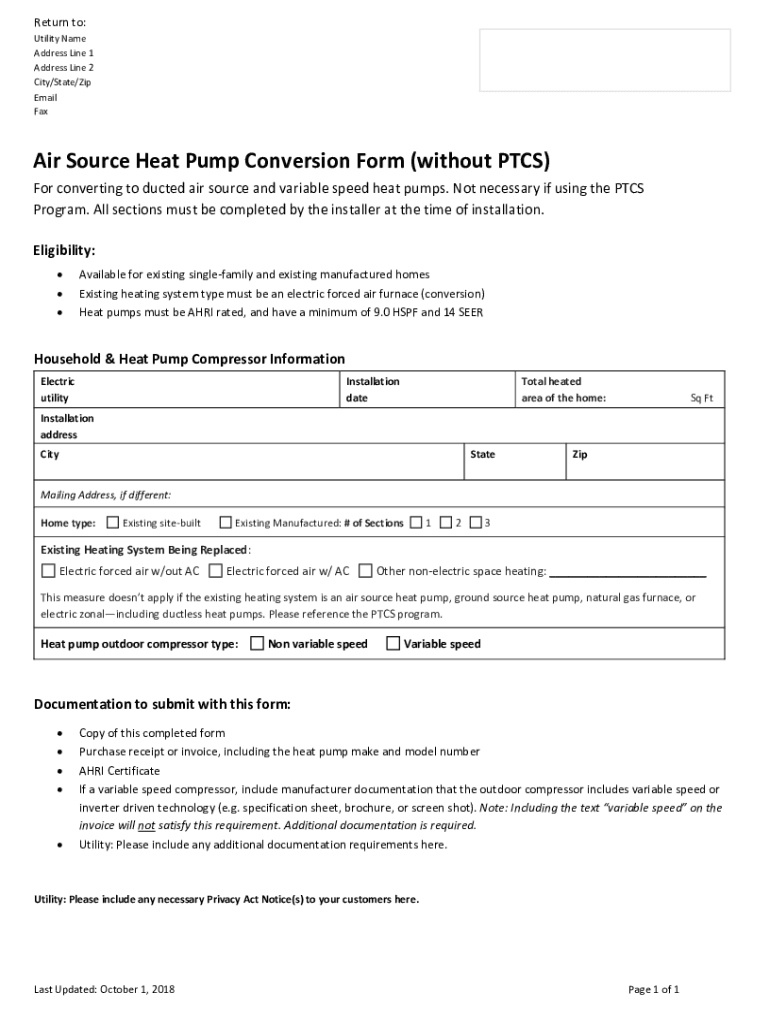 Fillable Online Air Source Heat Pump Conversion Form (without PTCS) Fax ...
