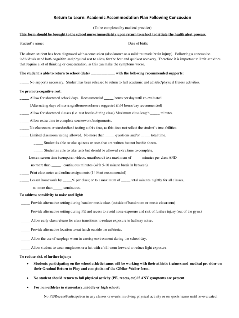 Fillable Online Return to Learn: Academic Accommodation Plan Following ...