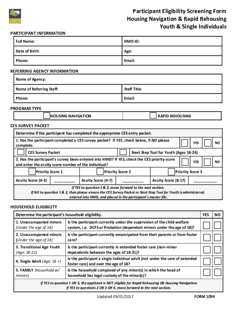 Fillable Online Participant Eligiblity Screening Form - Housing ...