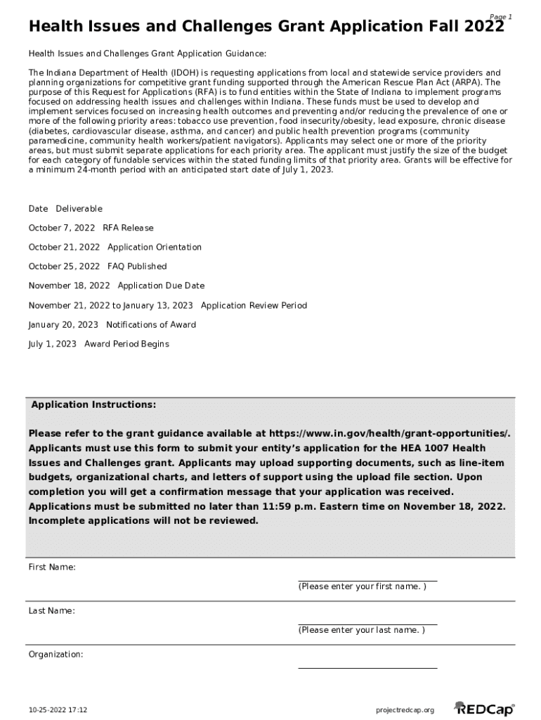 Fillable Online Health Issues and Challenges Grant Program - in.gov Fax Email Print - pdfFiller
