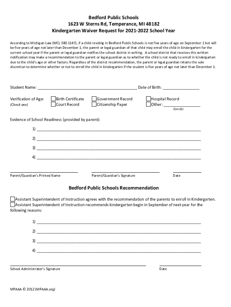 Fillable Online Kindergarten Waiver Request for 20212022 School Year ...