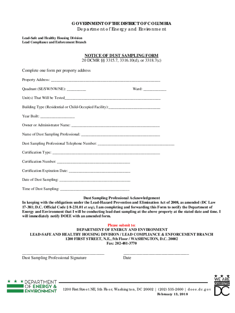 Fillable Online NOTICE OF DUST SAMPLING FORM 20 DCMR3315.7 ... Fax ...