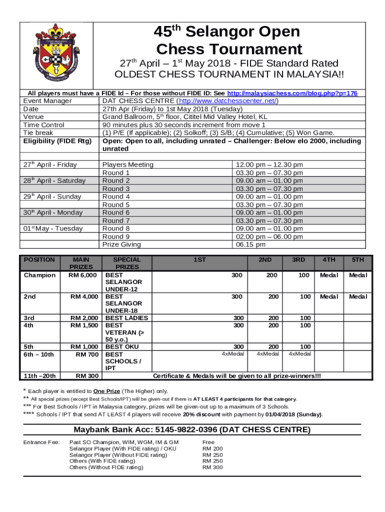 Fillable Online 45th Selangor Open Chess Tournament Fax Email Print ...