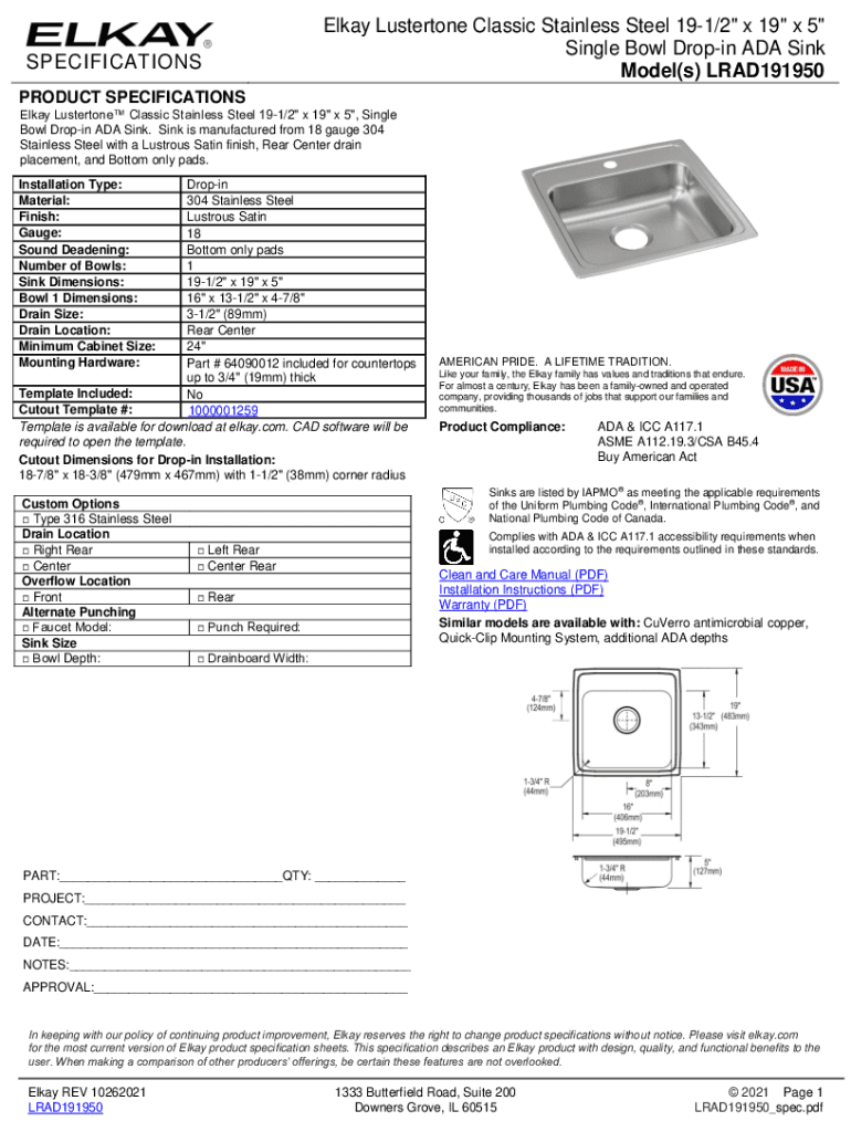 Fillable Online Elkay Lustertone Classic Stainless Steel 19-1/2 x 19 x ...