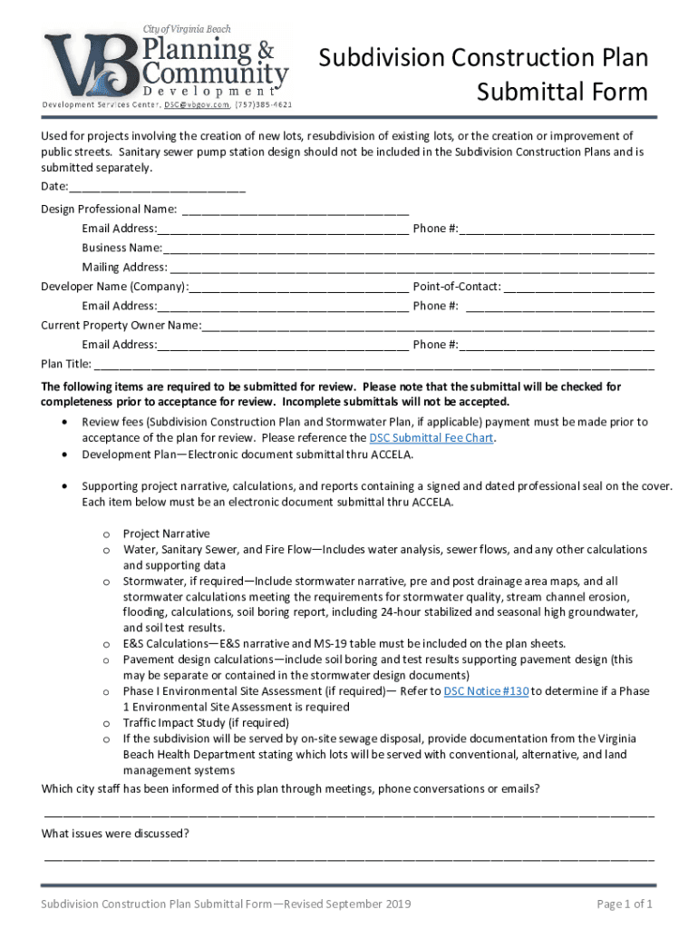 Fillable Online Subdivision Construction Plan Submittal Form - Virginia ...