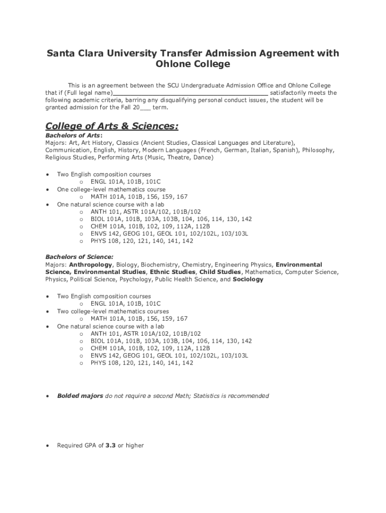 Fillable Online Santa Clara University Transfer Admission Agreement with Ohlone College Fax ...
