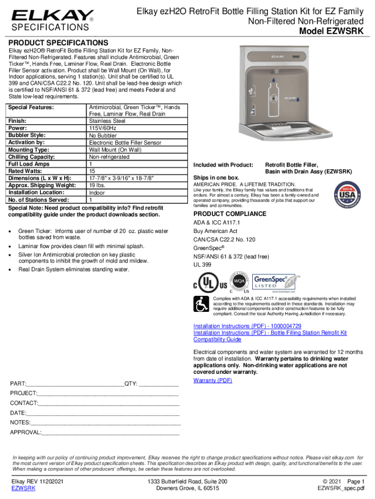 Fillable Online Elkay ezH2O RetroFit Bottle Filling Station Kit for EZ Family ... Fax Email ...