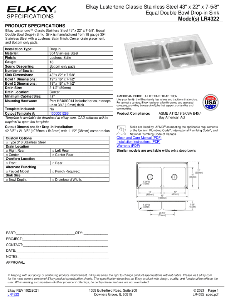 Fillable Online SPECIFICATIONS Elkay Lustertone Classic Stainless Steel ...