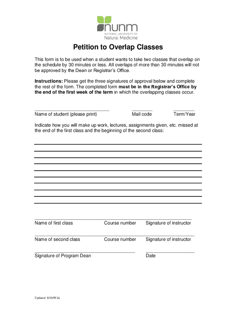 Fillable Online studentservices nunm Petition to Overlap ClassesNUNM ...