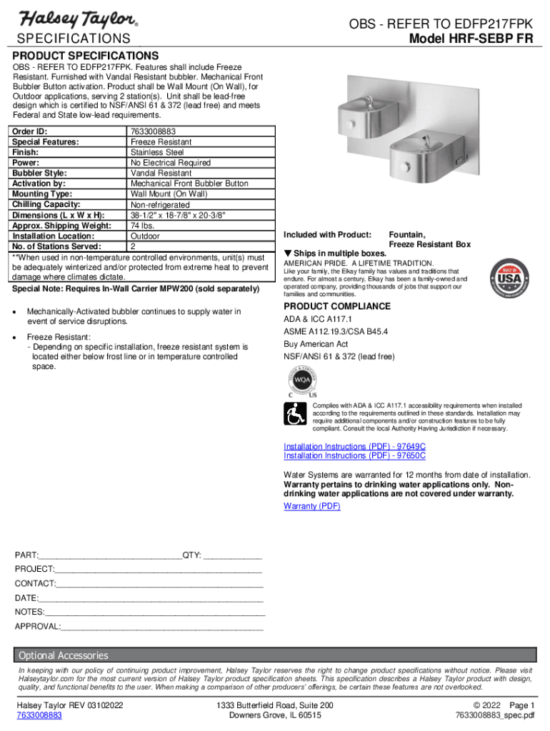 Fillable Online OBS - REFER TO EDFP217FPK SPECIFICATIONS Model HRF-SEBP ...