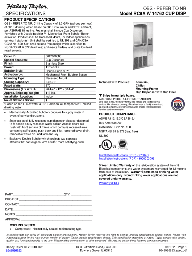 Fillable Online OBS - REFER TO NR SPECIFICATIONS Model RC8A W 14762 CUP ...