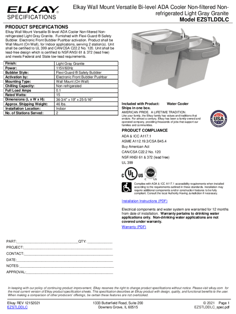 Fillable Online Elkay EZS8L Wall Mount ADA Non-Filtered Cooler, 8 GPH ...