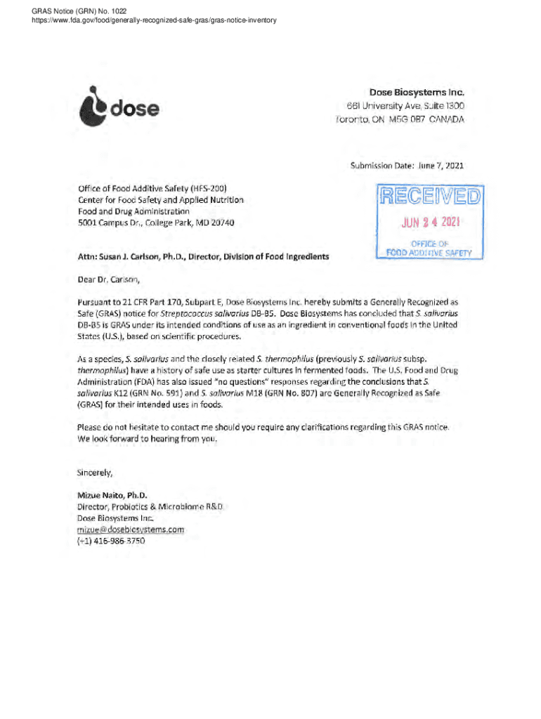 Fillable Online GRAS Notice 1022, Streptococcus salivarius DB-BS ...