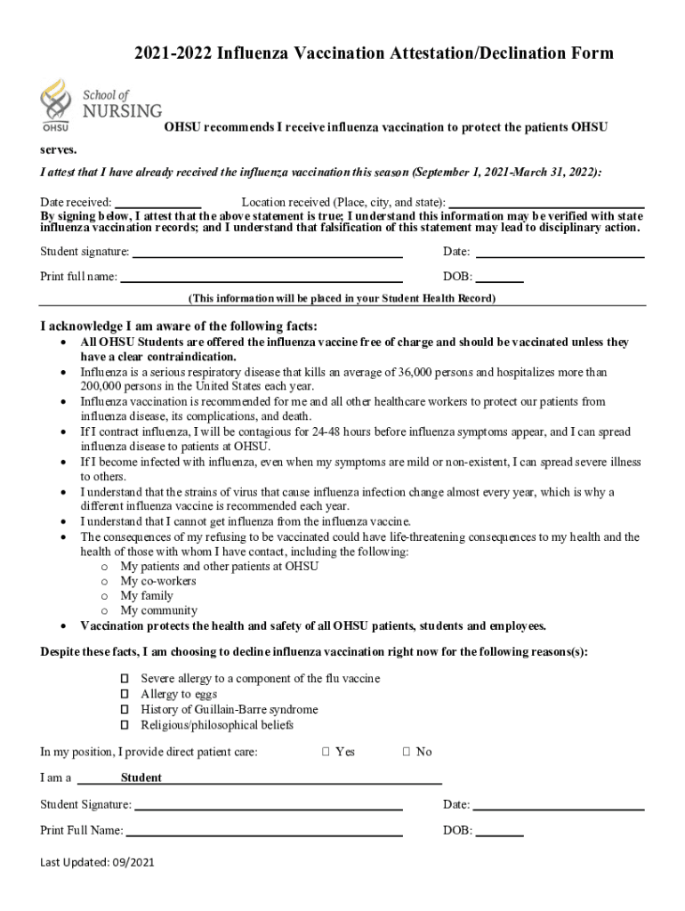 Fillable Online 2021-2022 Influenza Vaccination Attestation/Declination ...