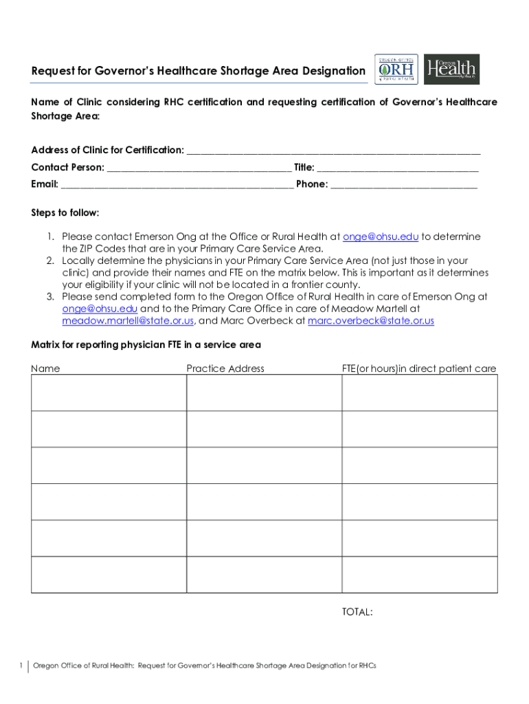 Fillable Online Request for Governor's Healthcare Shortage Area ...