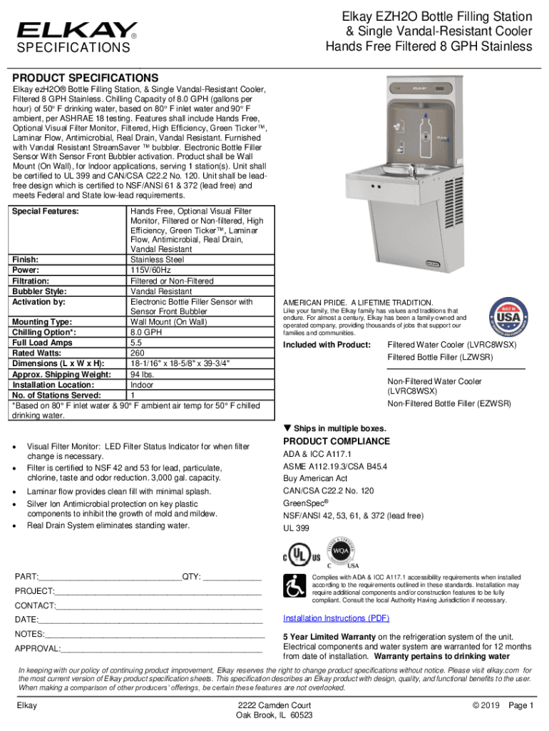 Fillable Online Elkay EZH2O Bottle Filling Station & Single Vandal-Resistant ... Fax Email Print ...