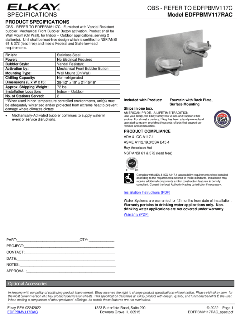 Fillable Online Elkay EDFPBMV117 NON-REFRIGERATED In-Wall Dual Drinking ...