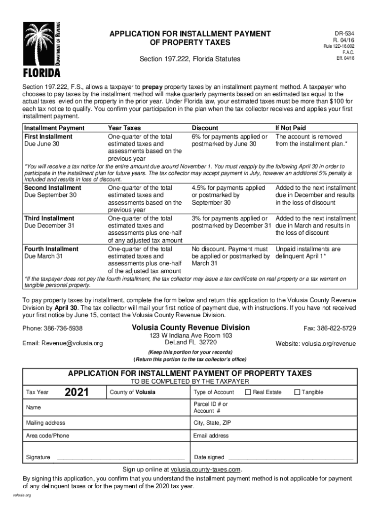 Fillable Online APPLICATION FOR INSTALLMENT PAYMENT DR-534 OF PROPERTY ...
