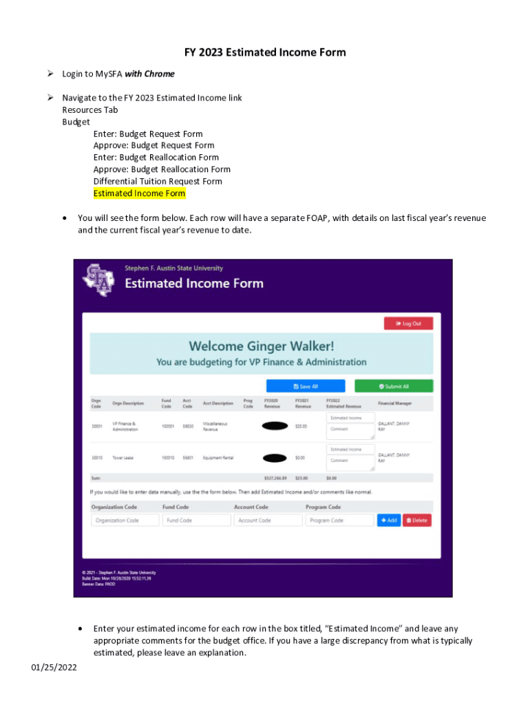 Fillable Online FY 2023 Estimated Income Form - Stephen F. Austin State ...