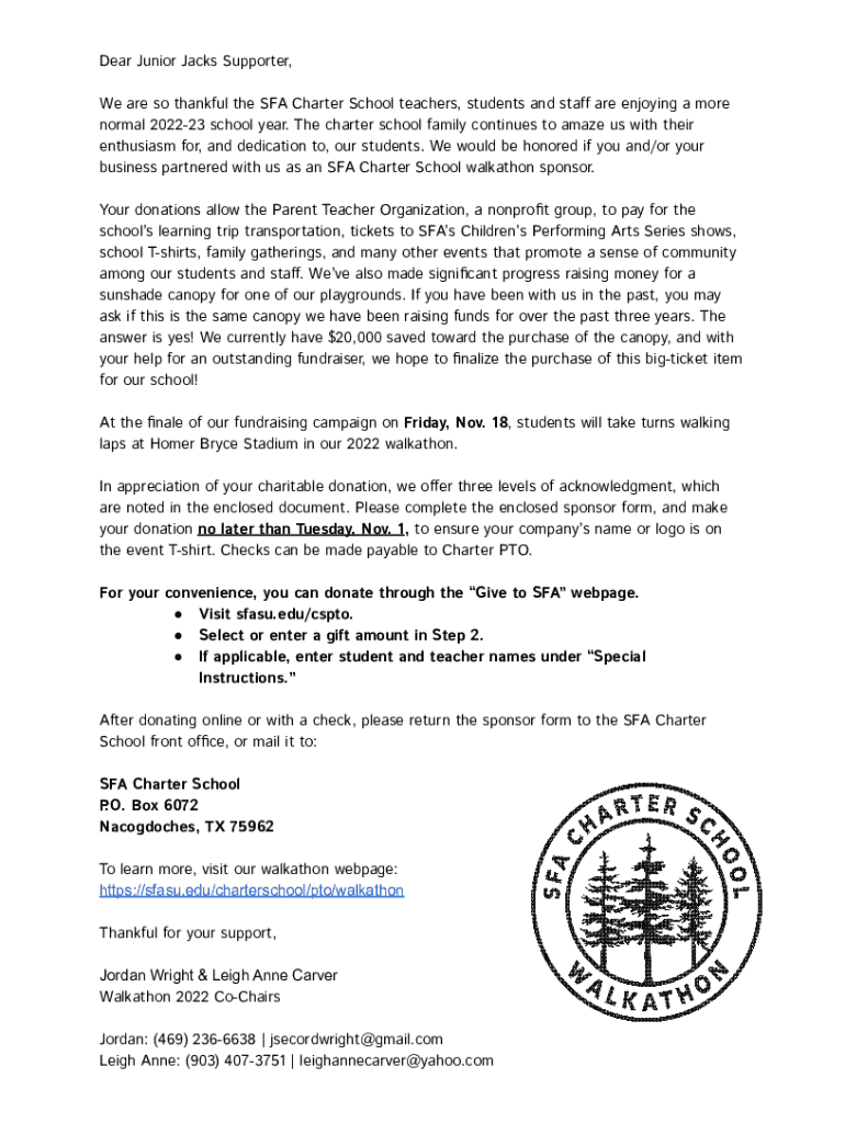 Fillable Online SFA Charter School students donate thousands of ...