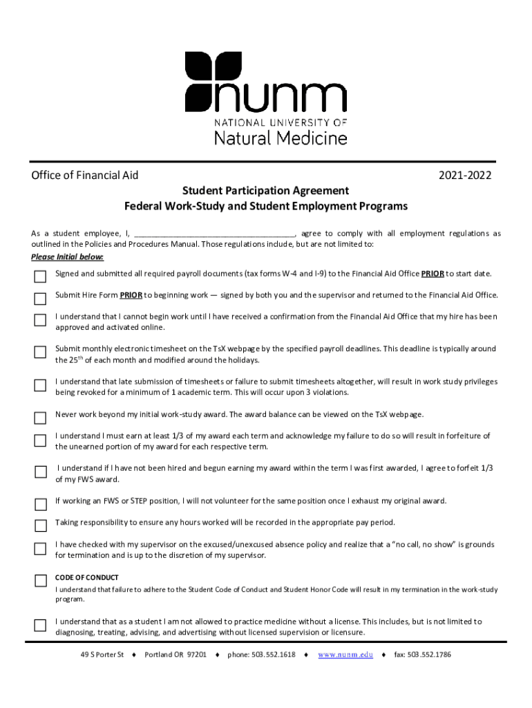 Fillable Online studentservices nunm Federal Work-Study and Student Employment - Quinnipiac ...