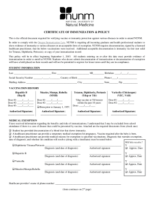 Fillable Online CERTIFICATE OF IMMUNIZATION & POLICY - National University of Natural ... Fax ...