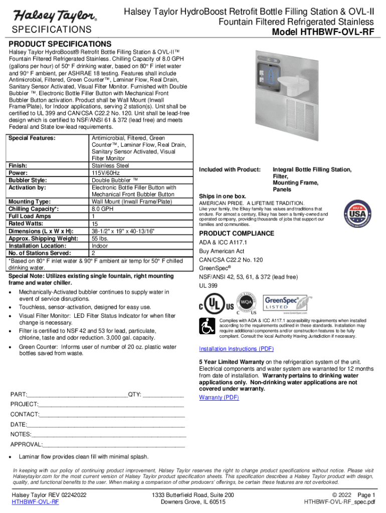 Fillable Online Halsey Taylor HydroBoost Retrofit Bottle Filling Station & OVL-II ... Fax Email ...