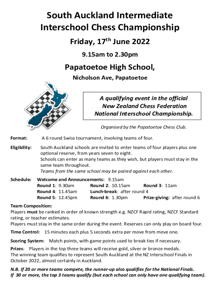 Fillable Online South Auckland Intermediate Interschool Chess Championship Fax Email Print ...
