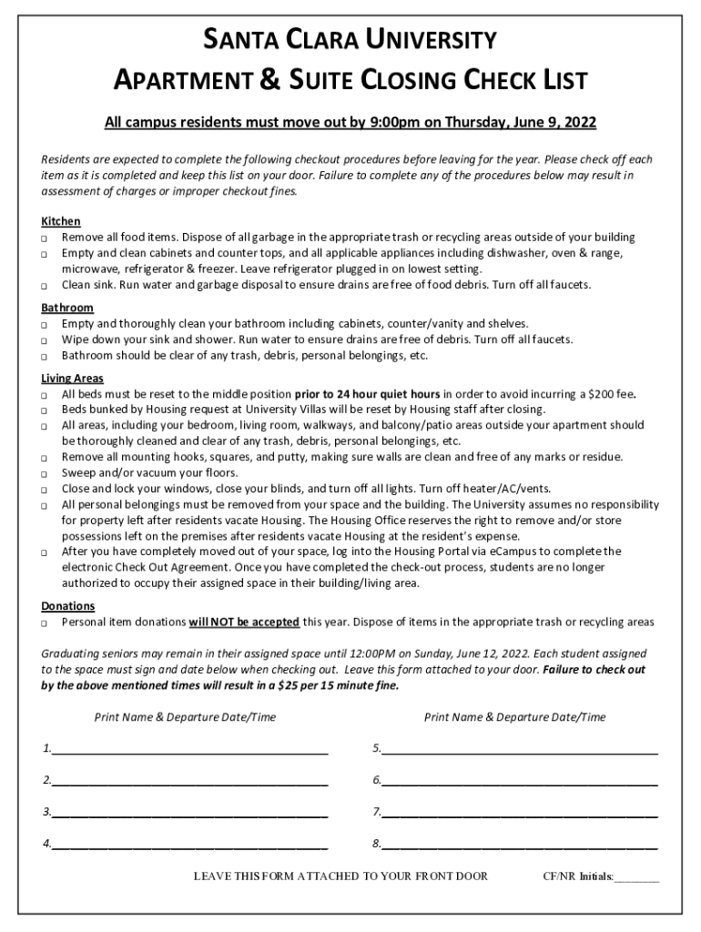Fillable Online Residence Hall Closing Checklist - On-Campus Living ...