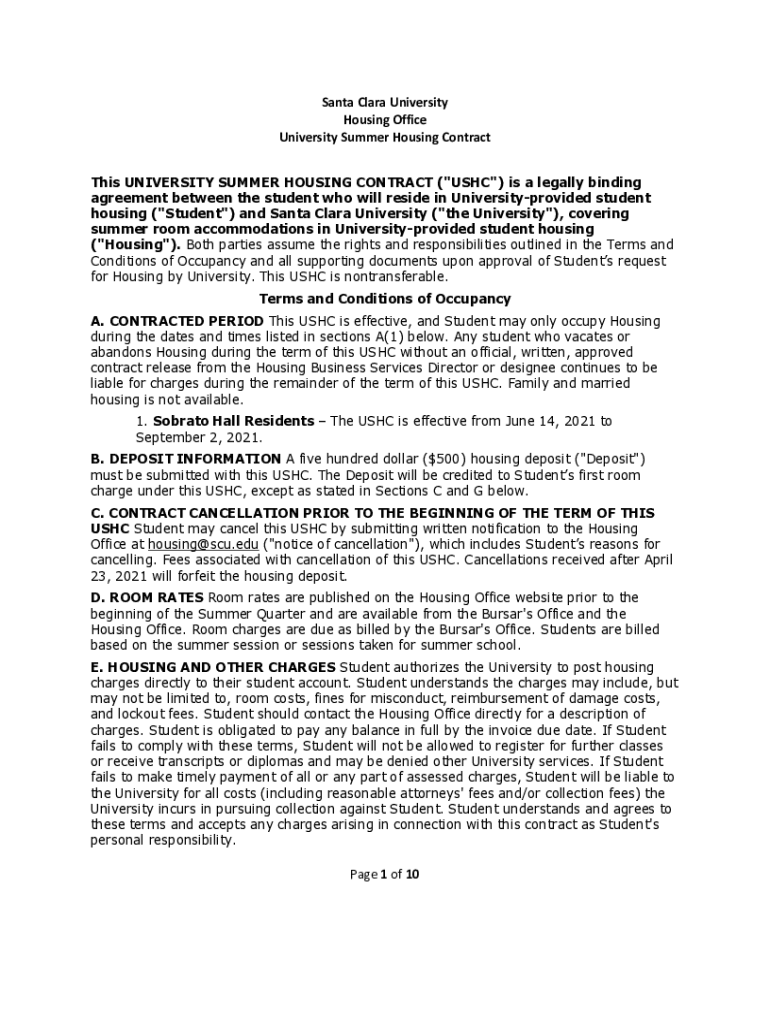 Fillable Online Santa Clara University Housing Office University Summer Housing Contract Fax ...