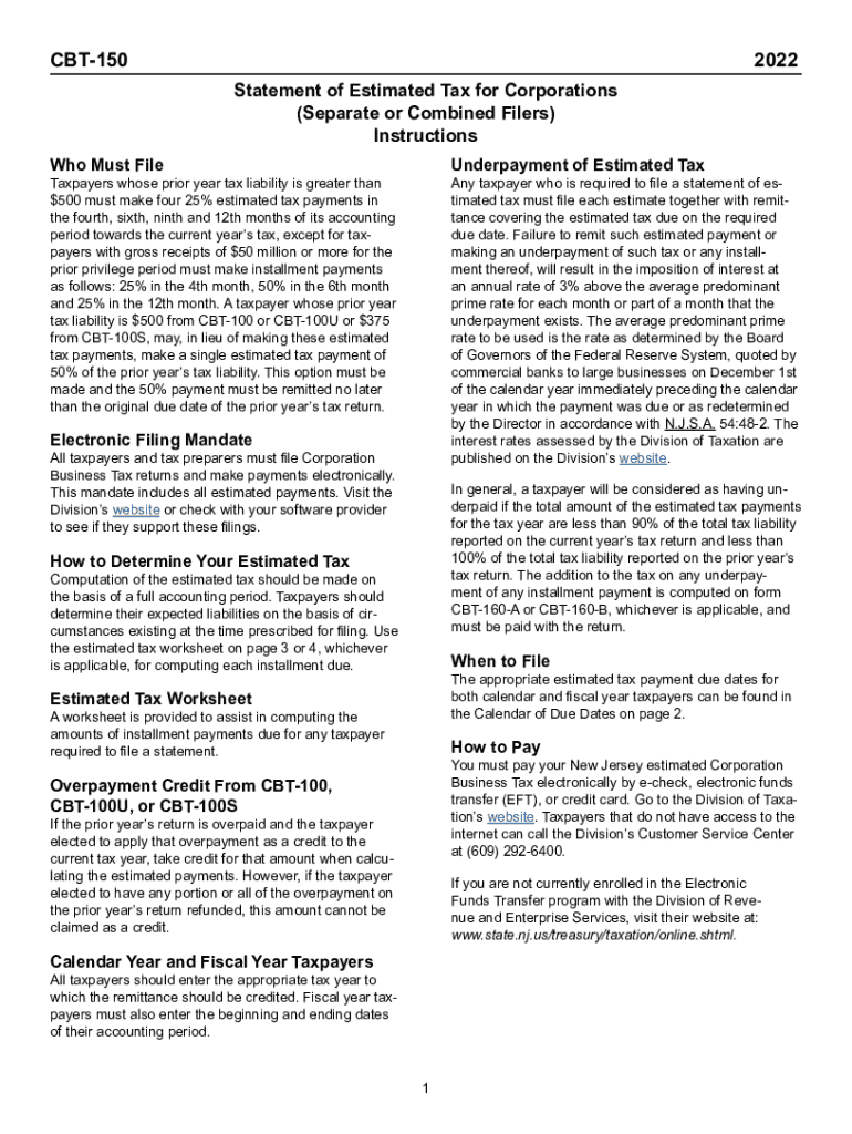Fillable Online Instructions for Form CBT-150 "Statement of Estimated ...