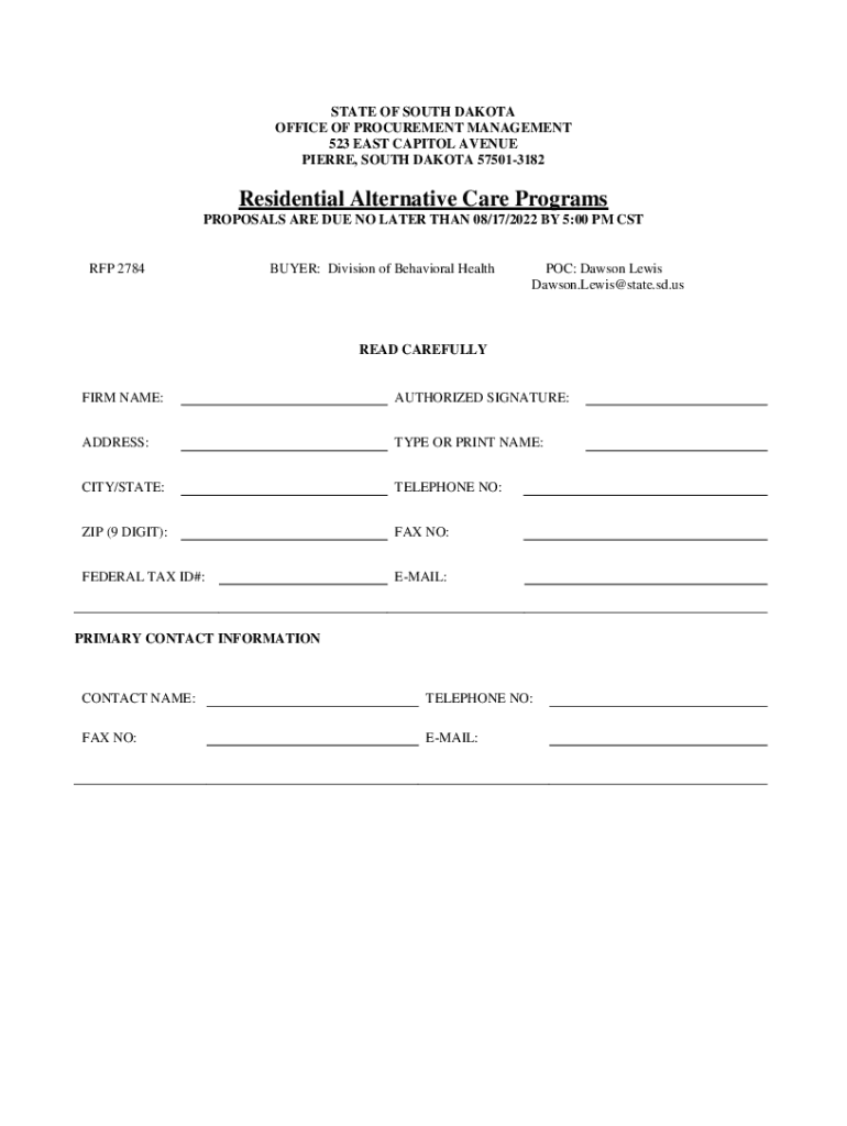 Fillable Online dss sd STATE OF SOUTH DAKOTA OFFICE OF PROCUREMENT MANAGEMENT 523 EAST CAPITOL ...
