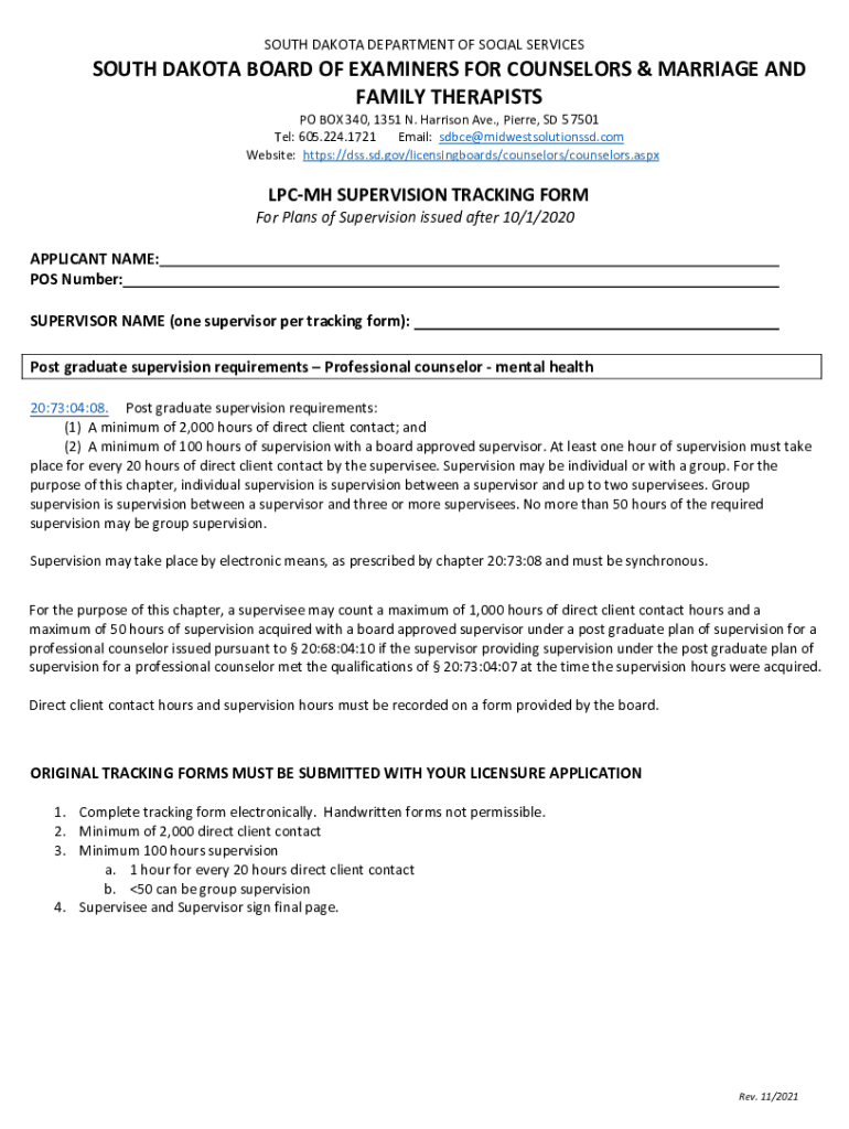 Fillable Online dss sd lpc-mh supervision tracking form - SD DSS Fax ...