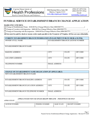 Fillable Online Change Application for Funeral Service Establishment or Branch. Change ...