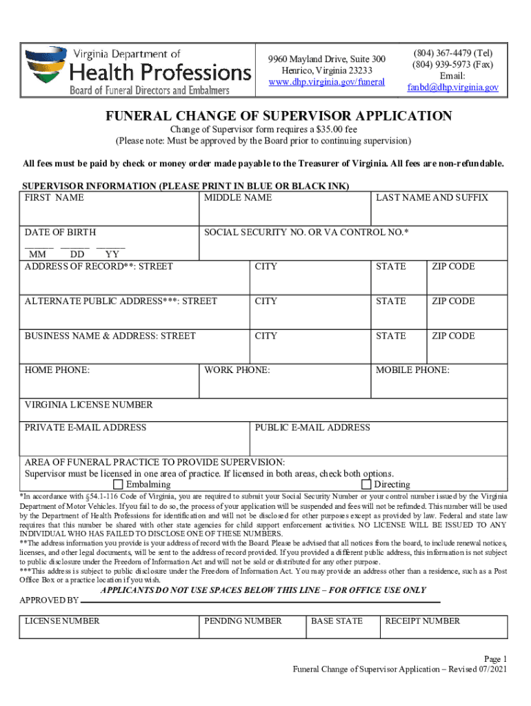 Fillable Online FUNERAL CHANGE OF SUPERVISOR APPLICATION Fax Email ...