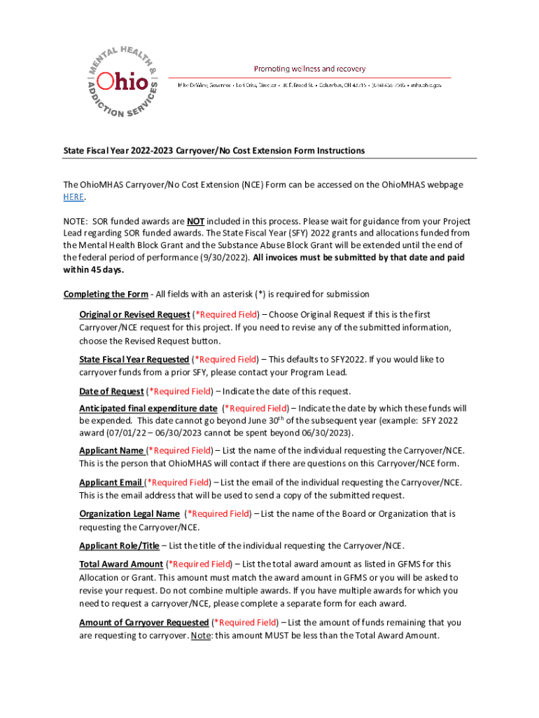 Fillable Online State Fiscal Year 2022-2023 Carryover/No Cost Extension ...