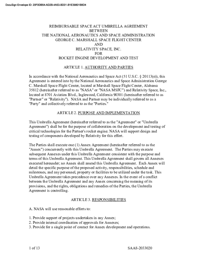 Fillable Online 1 of 13 SAA8-2033020 REIMBURSABLE SPACE ACT UMBRELLA ...